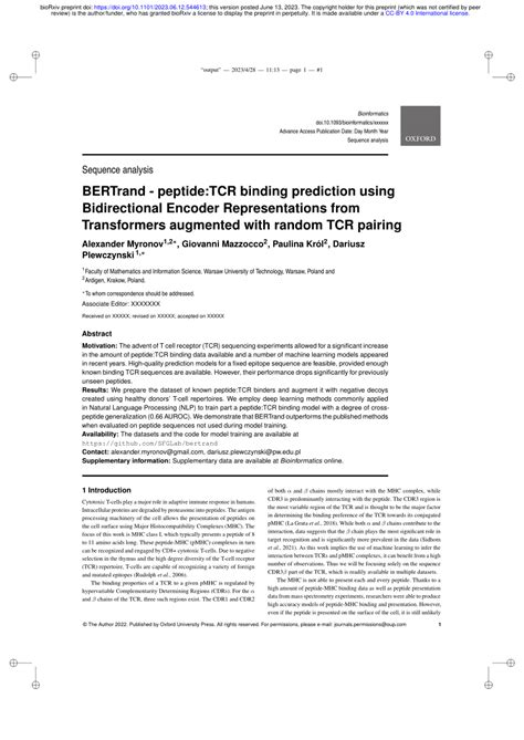 Pdf Bertrand Peptidetcr Binding Prediction Using Bidirectional