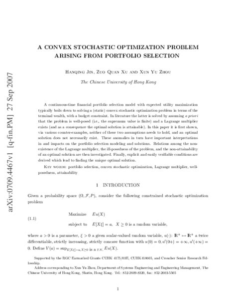 Pdf A Convex Stochastic Optimization Problem Arising From Portfolio