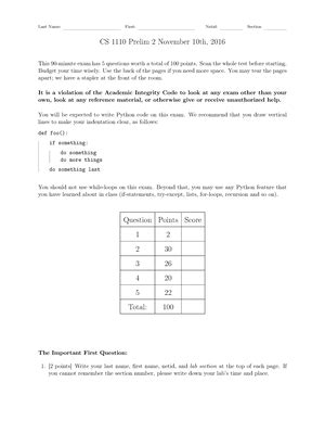 Spring Prelim Answers Last Name First Name Cornell NetID All Caps CS Prelim
