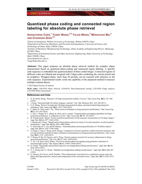 PDF Quantized Phase Coding And Connected Region Labeling For Absolute Phase Retrieval