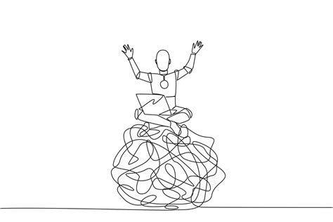 Single One Line Drawing Robotic Artificial Intelligence Sitting On Giant Tangled Circle Holding
