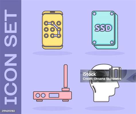 가상 현실 안경 모바일 및 그래픽 암호 보호 라우터 및 Wifi 신호 및 Ssd 카드 아이콘을 설정합니다 벡터 3차원 형태에 대한 스톡 벡터 아트 및 기타 이미지 Istock