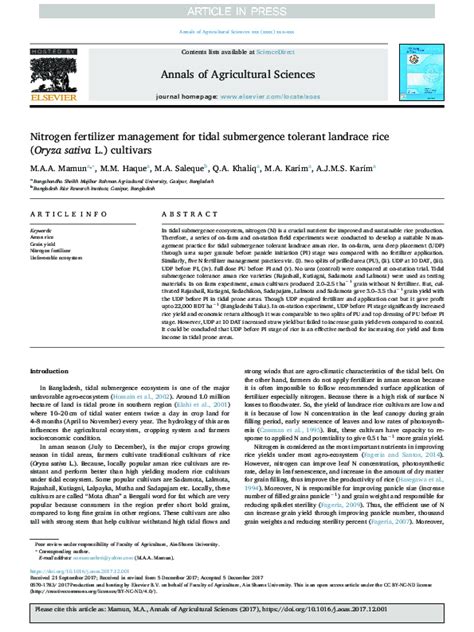 Pdf Nitrogen Fertilizer Management For Tidal Submergence Tolerant Landrace Rice Oryza Sativa