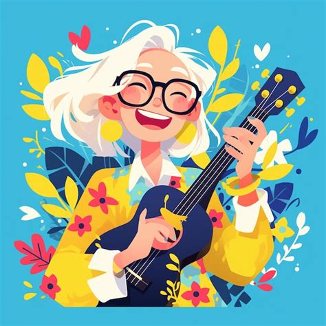 White Elderly Woman Learning To Play The Ukulele Premium Ai Generated