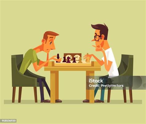 두 명의 생각 스마트 플레이어 남자 체스 보드를 재생 하는 캐릭터 전략 게임 장군 절연된 만화 벡터 일러스트 레이 션 요소 체스에 대한 스톡 벡터 아트 및 기타 이미지