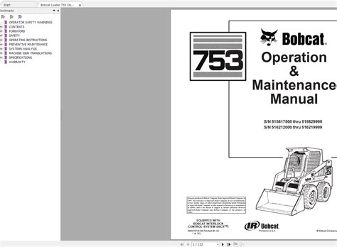 Bobcat Loader 753 Service Manual Schematic Operation And Maintenance Manual