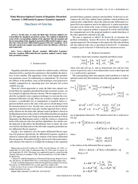 Pdf Finite Horizon Optimal Control Of Singularly Perturbed Systems A