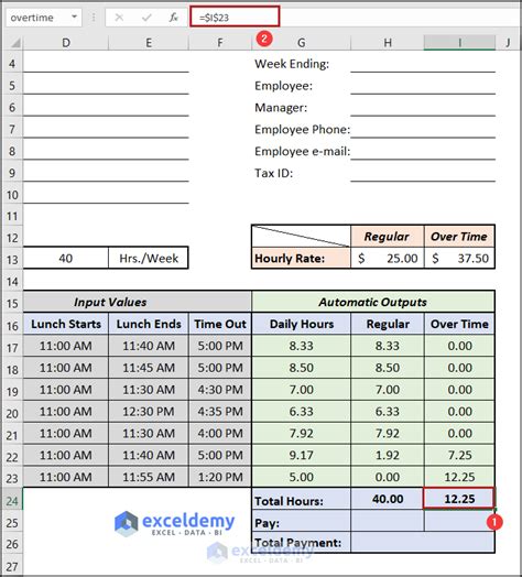 how to calculate hours worked and overtime using excel formula