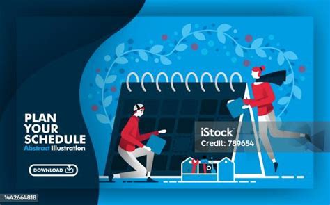 벡터 추상 그림입니다 파란색과 진한 파란색의 웹 배너와 포스터 제목으로 일정을 계획하십시오 달력을 중심으로 작업하고 일정을