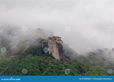 Meteora Panoramic View On Foggy Day Of Holy Orthodox Monastery Of