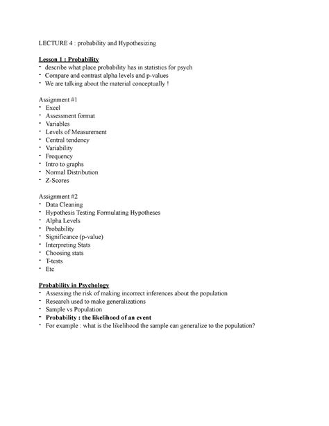 Lecture Probability And Hypothesis Testing LECTURE Probability And Hypothesizing Lesson