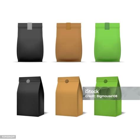 현실적인 상세한 3d 컬러 빈 종이 가방 음식 템플릿 이랑 세트입니다 벡터 0명에 대한 스톡 벡터 아트 및 기타 이미지 0명