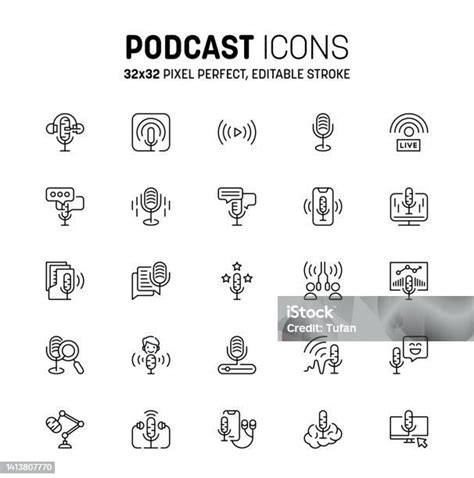 팟캐스트 아이콘 세트 편집 가능한 스트로크 팟캐스트 라인 아이콘입니다 라디오 방송국 아이콘 방송 및 팟캐스트 기호 모음 팟캐스팅에 대한 스톡 벡터 아트 및 기타 이미지
