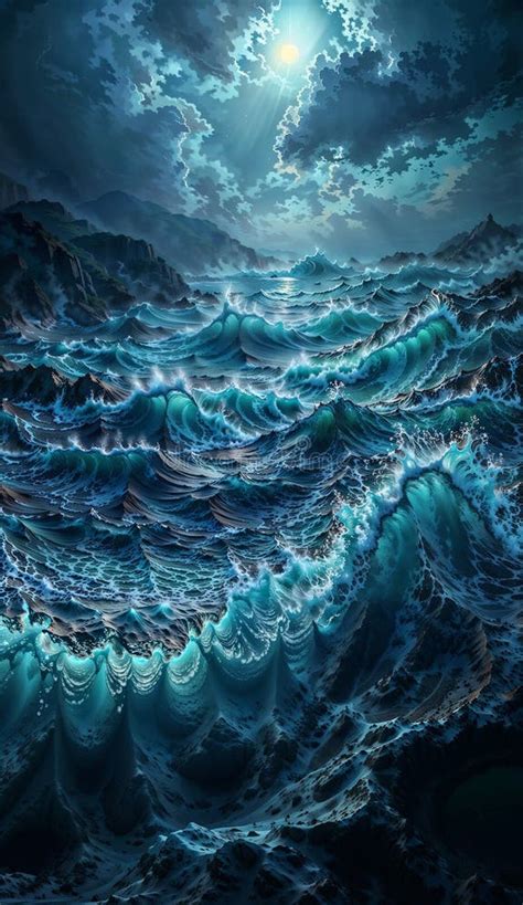 Moonlit Tempest Raging Ocean Waves Stock Illustration Illustration