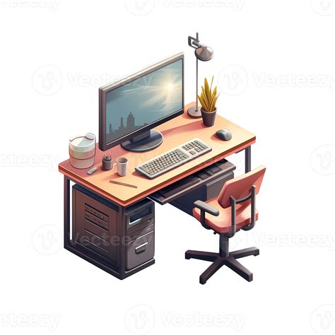 Ai Generated Isometric Office Desk With Computer Monitor Keyboard