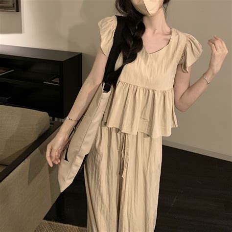 코디세트 브이넥 프릴 블라우스 주름 밴딩 팬츠 세트 2k108664