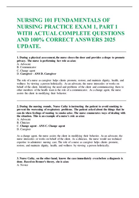 Nursing 101 Fundamentals Of Nursing Practice Exam 1 Part 1 With Actual Complete Questions And