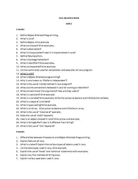 Java Question Bank2nd Sem Java Question Bank Unit 1 2 Marks Define Object Oriented