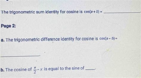 Solved The Trigonometric Sum Identity For Cosine Is Cos Ab Page