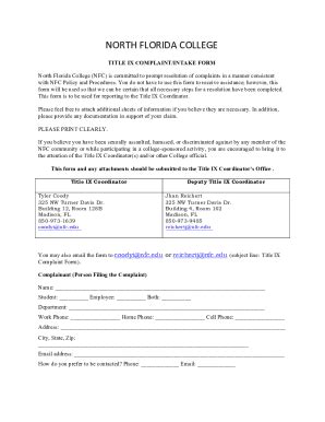 Fillable Online Title IX Intake Form1 North Florida College Fax Email