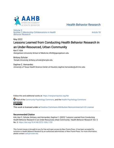 Pdf Lessons Learned From Conducting Health Behavior Research In An Under Resourced Urban