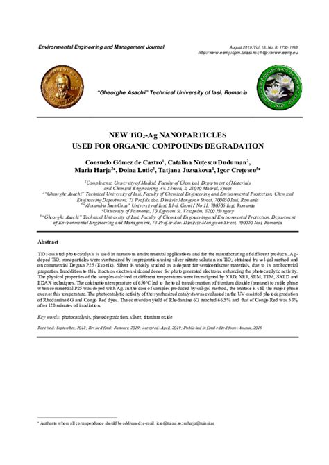 Pdf New Tio2 Ag Nanoparticles Used For Organic Compounds Degradation