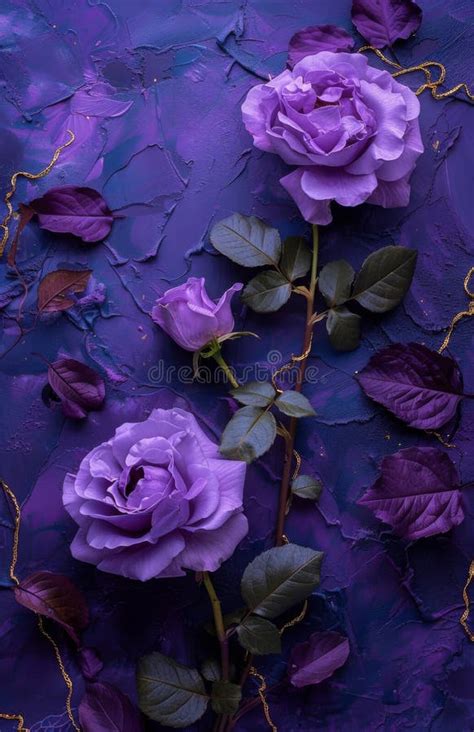 Purple Roses With Green Leaves And Gold Chain On A Textured Purple