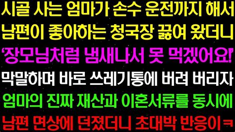 실화사연 시골 사는 엄마가 남편이 좋아하는 청국장까지 끓여 왔더니 장모님처럼 냄새나서 못 먹겠어요 하며 남편이 바로 쓰레기통에 버리는데 라디오사연 썰사연 사이다사연 감