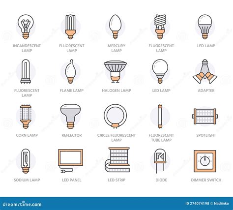 Light Bulbs Flat Line Icons Led Lamps Types Fluorescent Filament Halogen Diode Energy