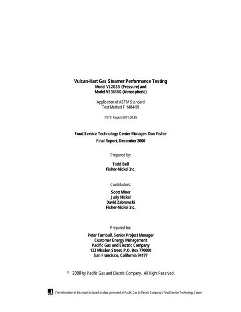 pdf vulcan hart gas steamer performance testing model … · vulcan hart