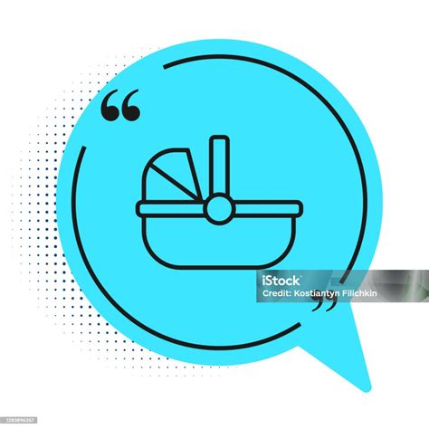 흰색 배경에 격리 된 블랙 라인 유모차 아이콘 유모차 버기 유모차 유모차 바퀴 파란색 음성 버블 기호입니다 벡터 0명에 대한 스톡 벡터 아트 및 기타 이미지 Istock