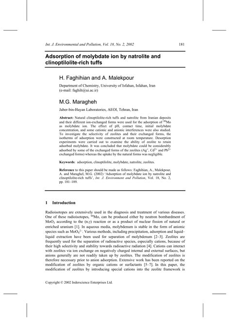 Pdf Adsorption Of Molybdate Ion By Natrolite And Clinoptilolite Rich