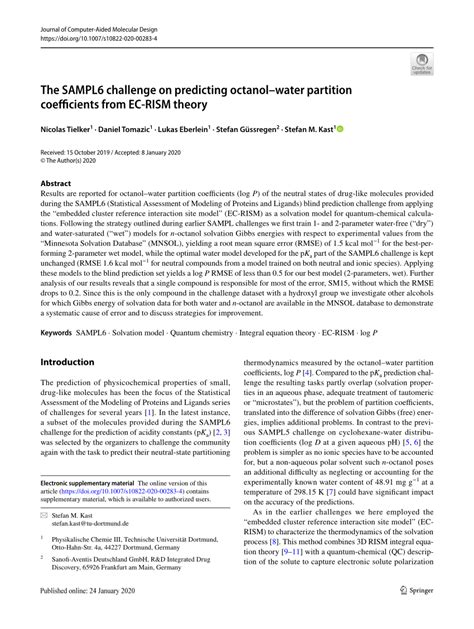Pdf The Sampl6 Challenge On Predicting Octanolwater Partition Coefficients From Ec Rism Theory