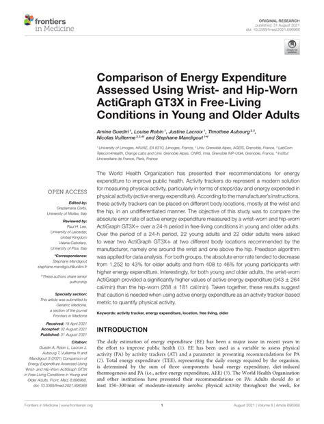 Pdf Comparison Of Energy Expenditure Assessed Using Wrist And Hip Worn Actigraph Gt3x In Free