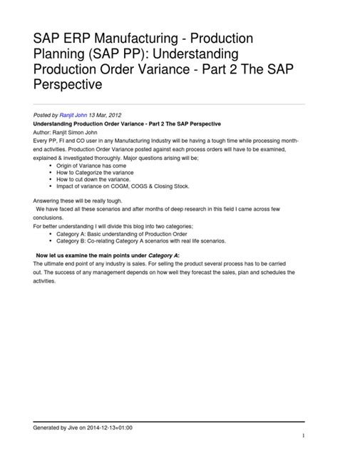 Understanding Production Order Variance Part 1 Pdf Debits And