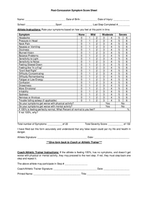 Fillable Online Post Concussion Symptom Score Sheet Name Fax Email Print Pdffiller