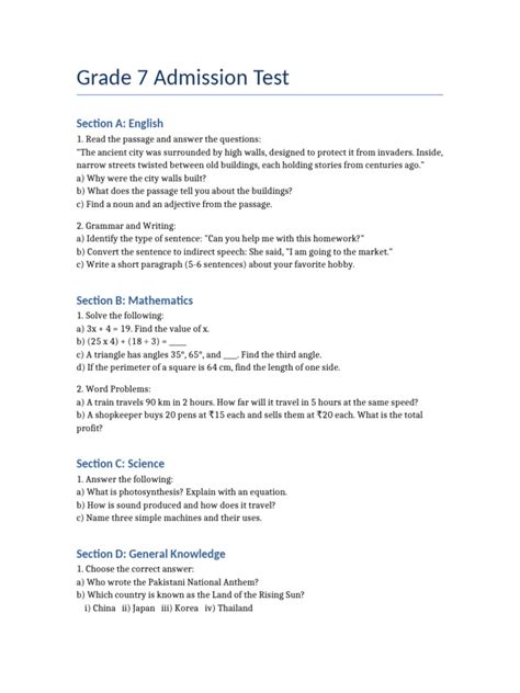 Grade 7 Admission Test Questions Pdf