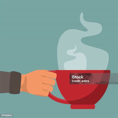 사무실에서 레드 커피잔을 들고 손입니다 커피 브레이크 또는 아침 벡터 일러스트 레이 션에에서 아침 식사입니다 기업 재무와 산업에 대한 스톡 벡터 아트 및 기타 이미지