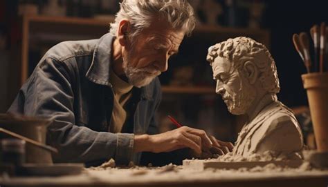 Premium Photo A Man Sitting Next To A Statue At A Table