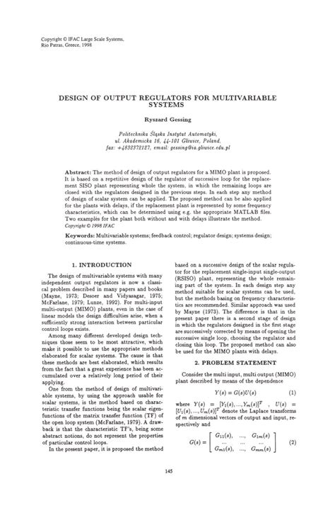 Pdf Design Of Output Regulators For Multivariable Systems