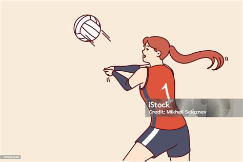 여자 배구 선수는 토너먼트 또는 훈련 중에 상대 팀의 골을 넣기 위해 공을 던집니다 개념에 대한 스톡 벡터 아트 및 기타 이미지