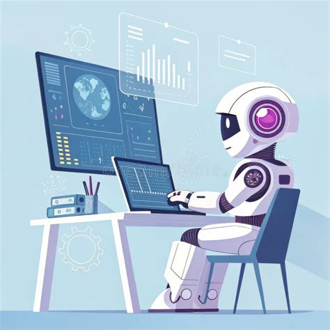 Robot Working Analyzing Data On Computer Screens Artificial