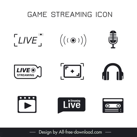 Game Streaming Icons Collection Flat Black White Symbols Vectors Images