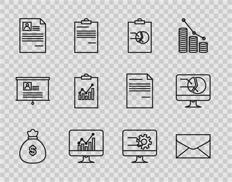 Set Line Money Bag Envelope Clipboard With Graph Chart Computer Monitor Resume And Icon