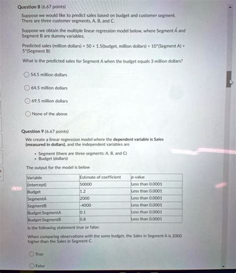 solved question 8 6 67 points suppose we ould ikke predict sales