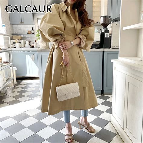 Galcaur 캐주얼 스트레이트 트렌치 코트 여성용 옷 깃 칼라 긴 소매 속옷 솔리드 코트 여성 한국어 패션 의류 2021 신규트렌치 Aliexpress