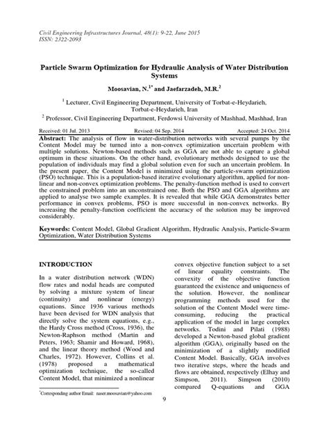 Particle Swarm Optimization For Hydraulic Analysis Of Water Distribution Systems Pdf