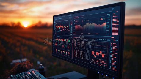 Computer Monitor Displays Data Charts Graphs In Field At Sunset Tech