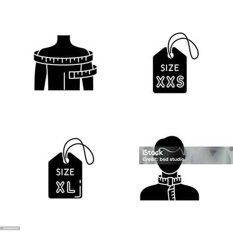 흰색 공간에 설정된 검은 색 글리프 아이콘을 측정하는 의류 크기 태그와 바디 Xs 및 Xxl 사이즈 라벨 목 및 어깨 둘레