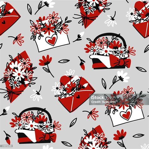 형형색색의 꽃이 있는 납작한 꽃다발 패턴 흰색과 빨간색 데이지의 꽃다발이 낙서되어 있습니다 벡터 절연 바구니 봉투 종이 발렌타인 데이 생일 어머니의 날 용 선물 포장 개념에